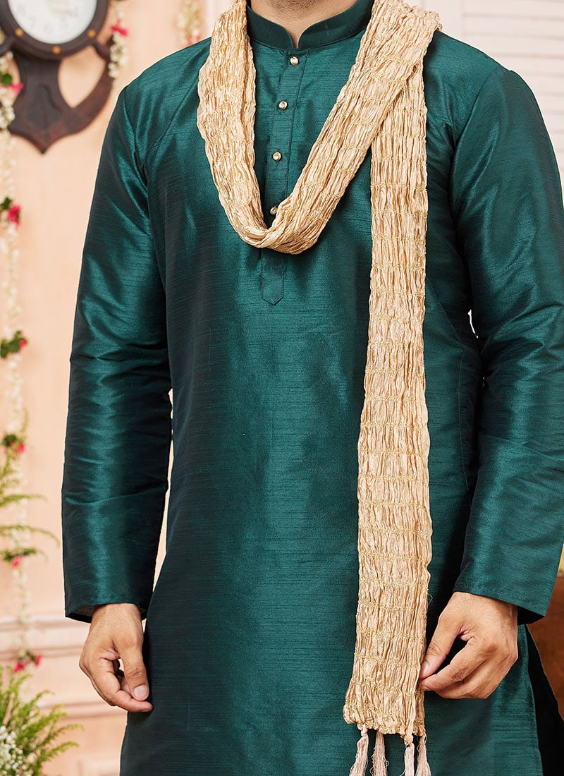 Shop Rama Green Silk Kurta Pyjama With Stole For Men Festive Wear ...
