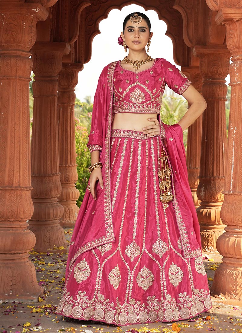 Buy Rani Pink Satin Zari Embroidered Sequins With Stone Work Lehenga ...