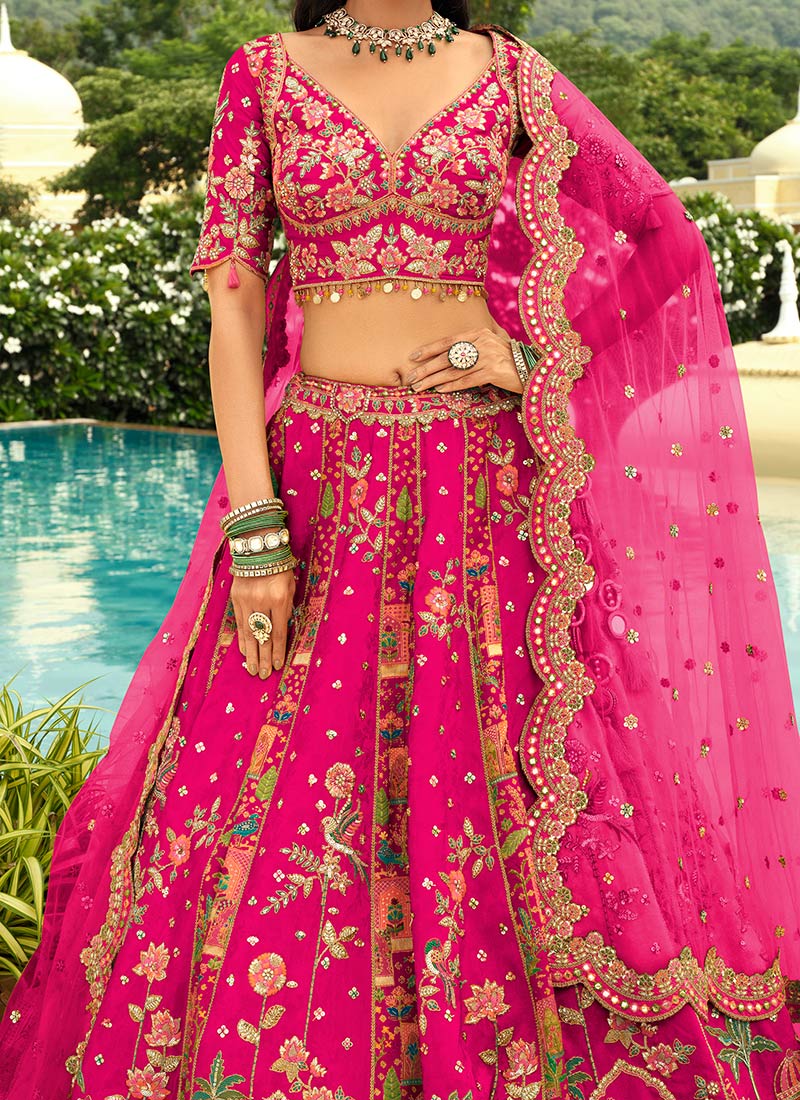 Shop Rani Pink Silk Embroidered Sequins Mirror Work Cut Work Stones Thread Umbrella Lehenga ...