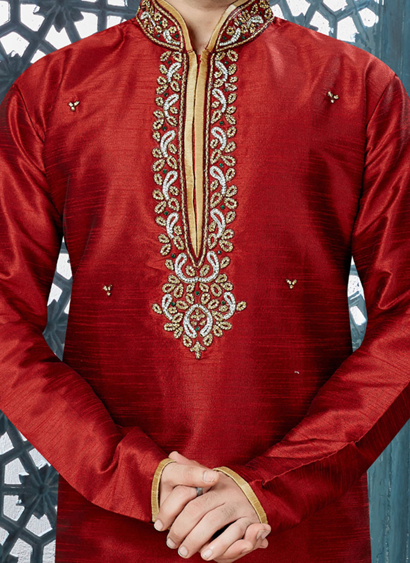 Shop Red Art Dupion Silk Embroidered Kurta Pyjama Online at Best Price ...