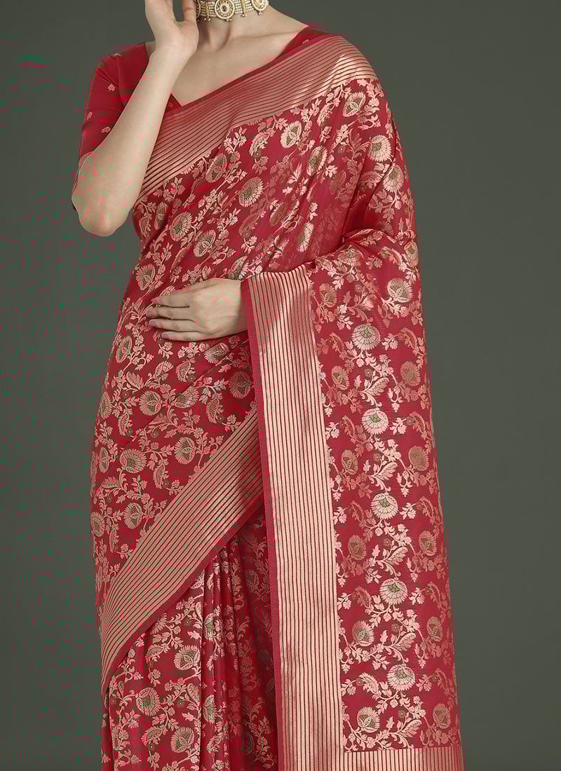 Shop Red Banarasi Silk Zari Woven Saree Festive Wear in India - Cbazaar