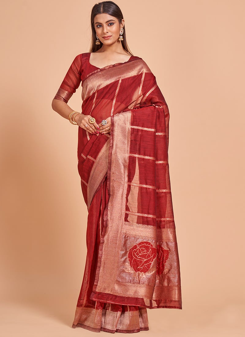Red Blended Cotton Zari Sarees SASACW1131