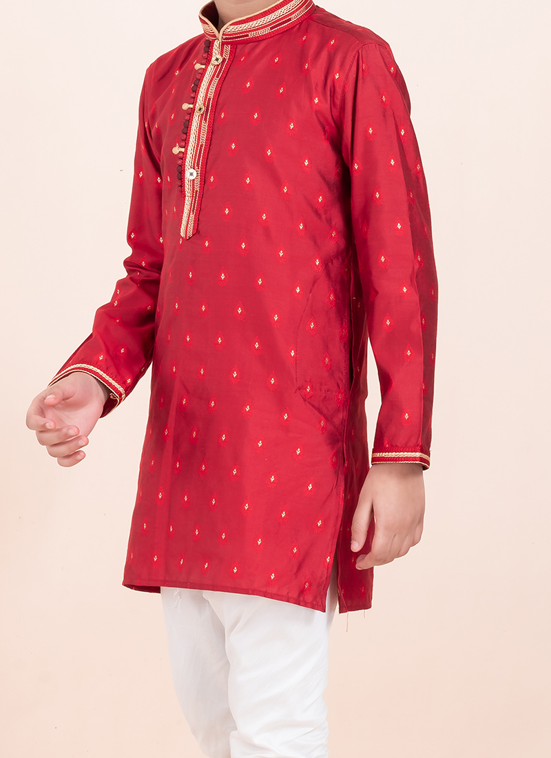 Buy Red Cotton Jacquard Kids Boys Kurta Pyjama Festive Wear Online at ...