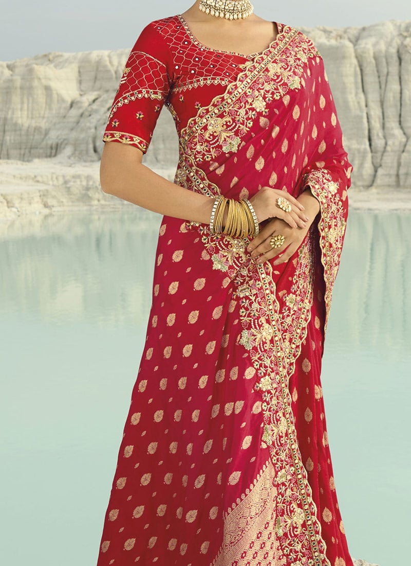 Shop Red Dola Viscose Silk Zari Embroidered Sequins With Moti Work ...