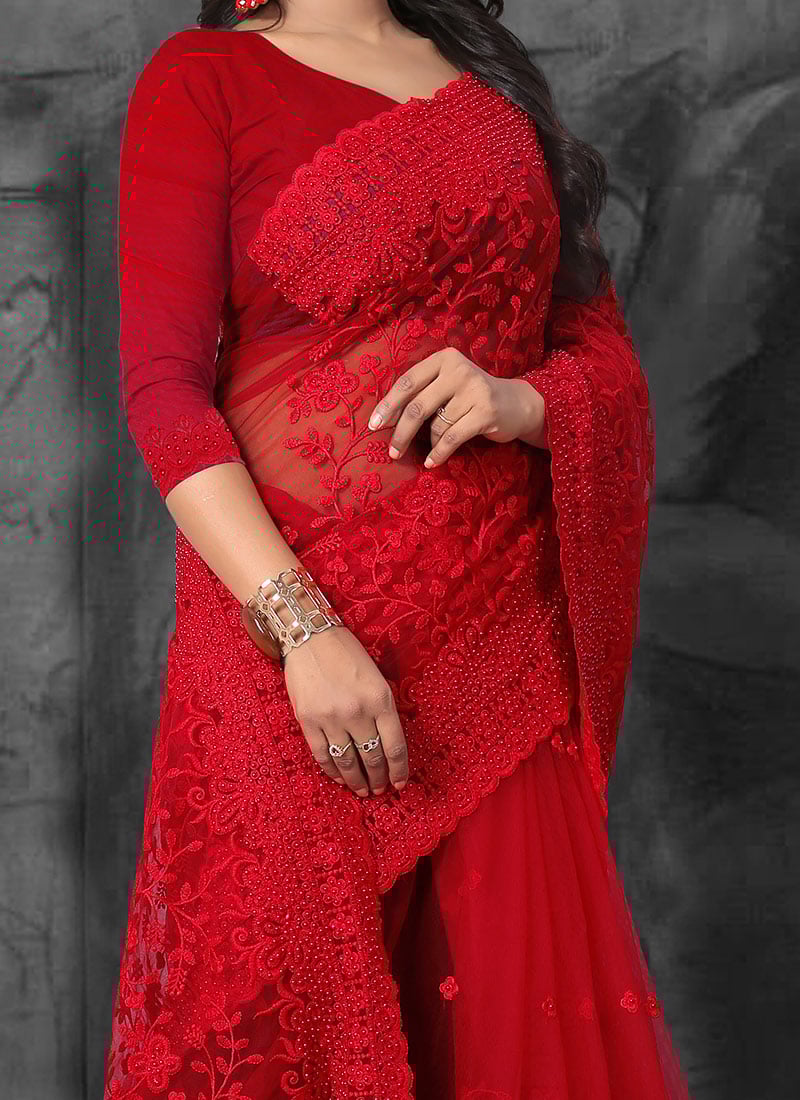 Buy Red Embroidered Net saree Party Wear Online at Best Price | Cbazaar
