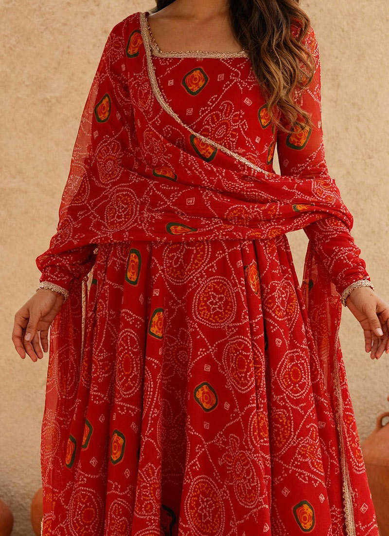 Shop Red Faux Chiffon Bandhini Print Anarkali Suit After Six Wear ...