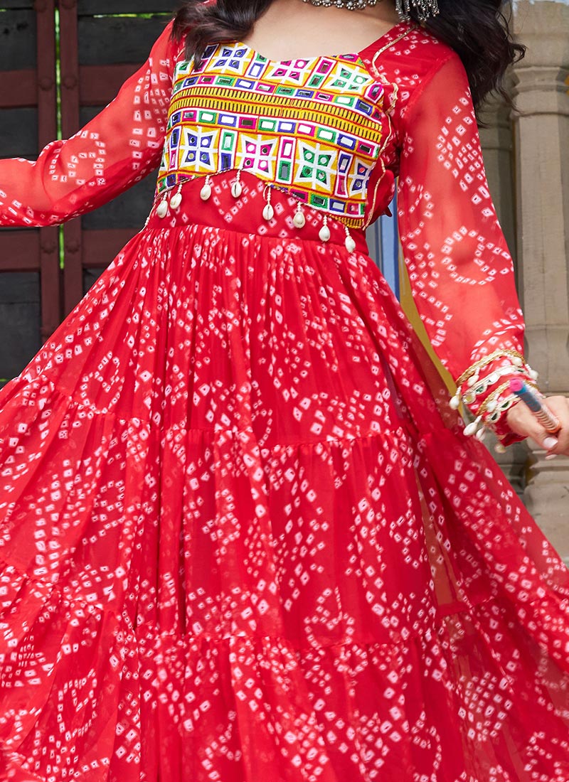 Shop Red Faux Georgette Bandhini Print With Patch And Kutch Work Gown ...