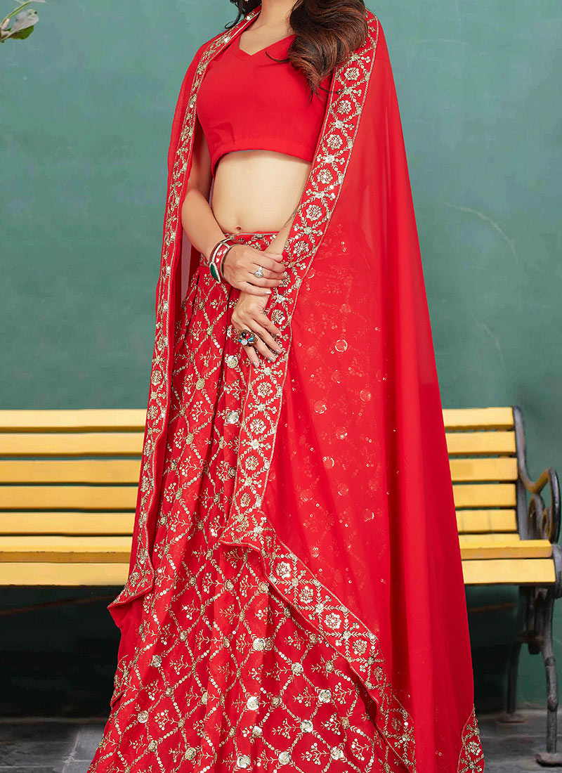 Shop Red Faux Georgette Party Wear A Line Lehenga With Embroidery And ...