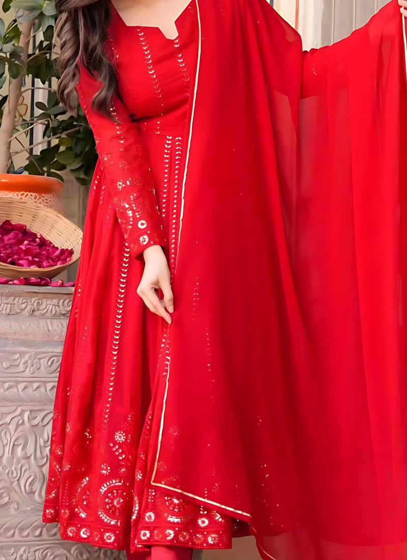 Buy Red Faux Georgette Sequins And Embroidered Anarkali Suit After Six ...