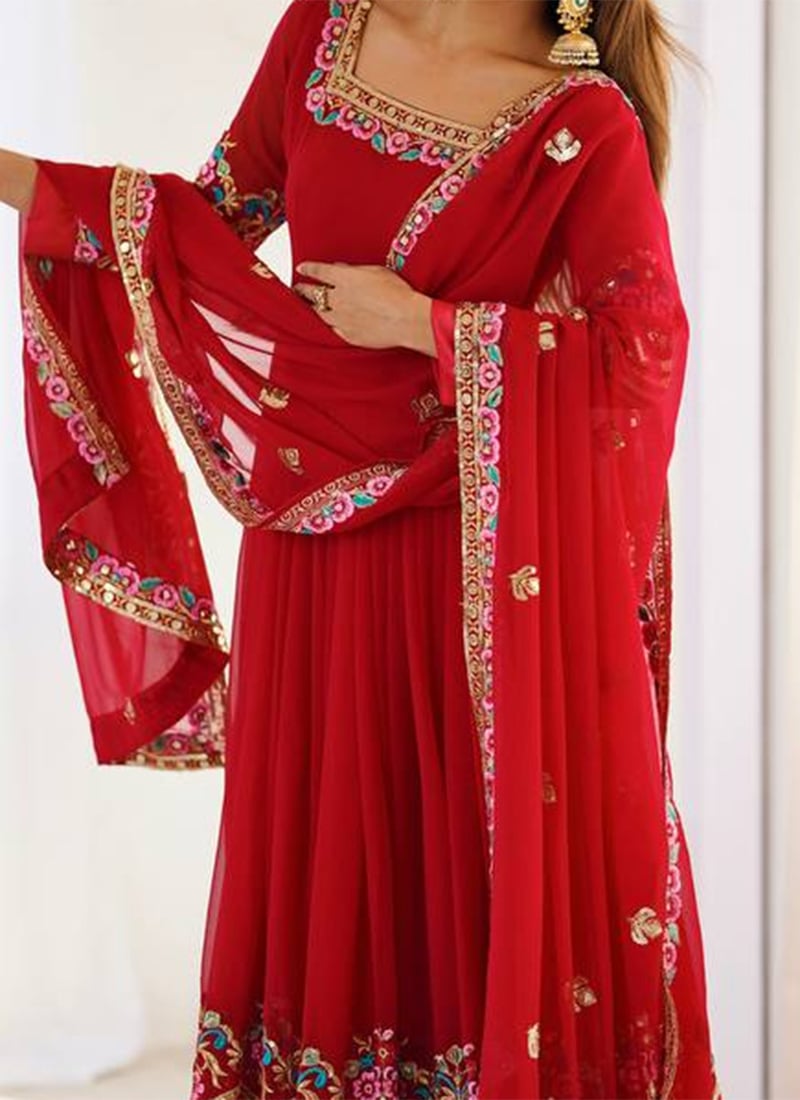 Shop Red Faux Georgette Sequins Embroidered Anarkali Suit Festive Wear ...