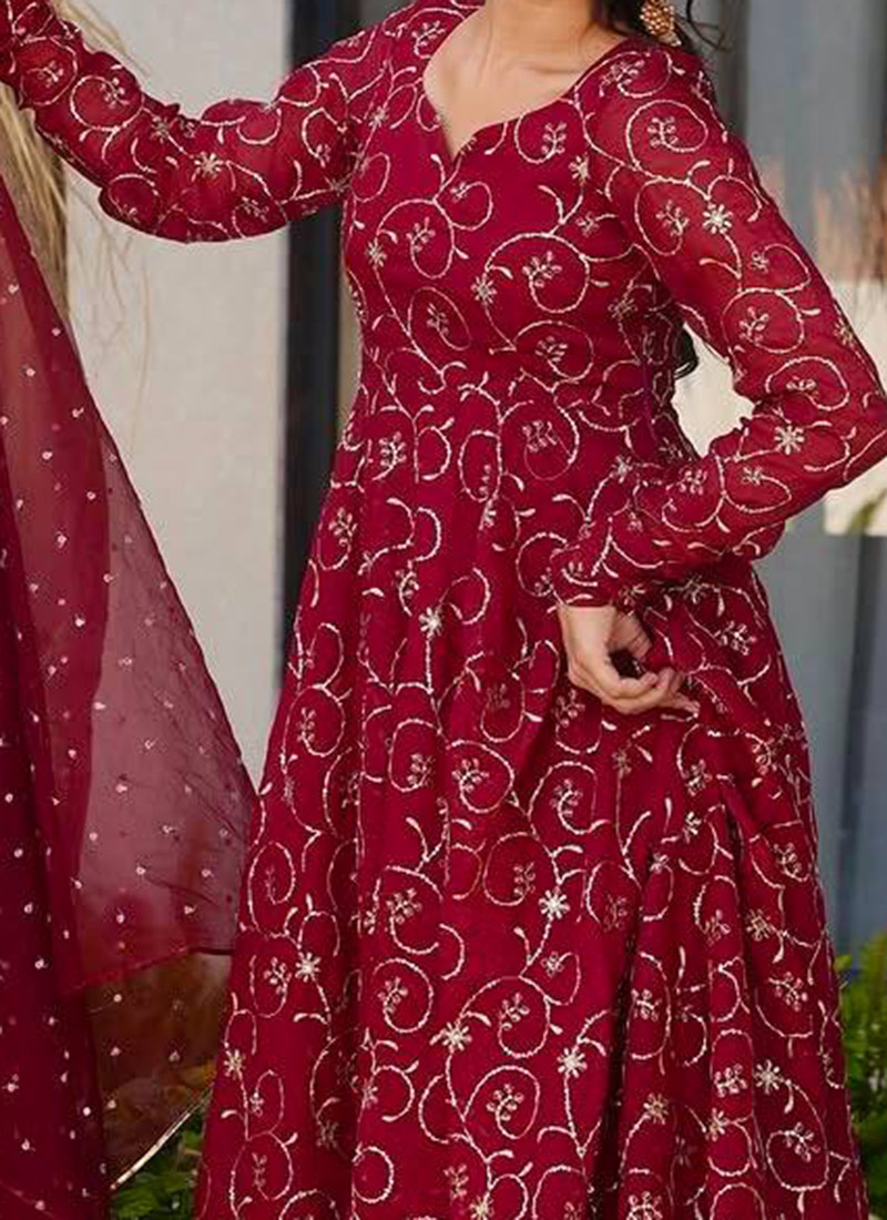 Shop Red Faux Georgette Zari Embroidered Anarkali Suit Festive Wear in ...