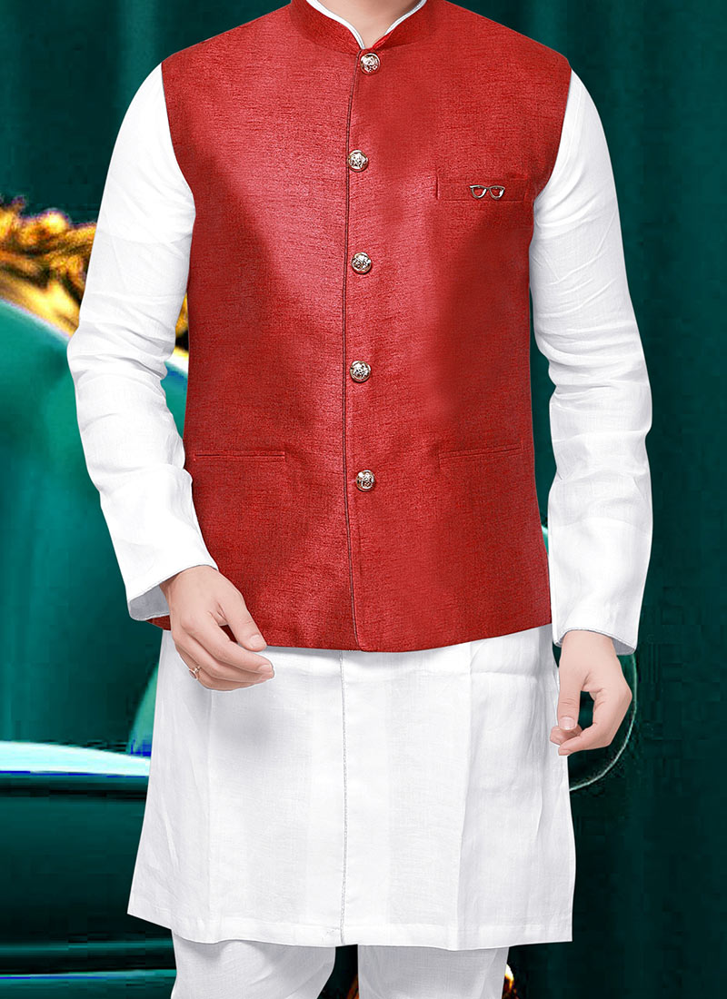 Shop Red Jute Nehru Jacket Online at Best Price | Cbazaar