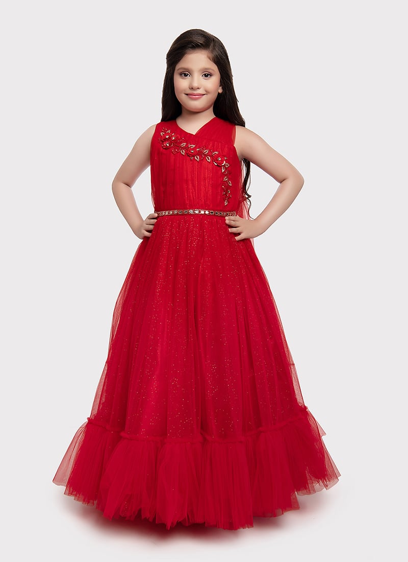 Buy Red Net Beads Kids Girls Dresses And Gown Party Wear Online at Best ...
