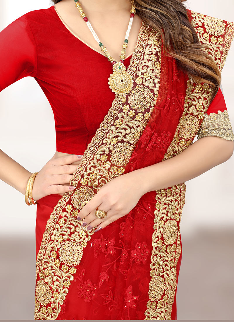 Buy Red Net Embroidered and Stones Designer Saree Festive Wear Online ...