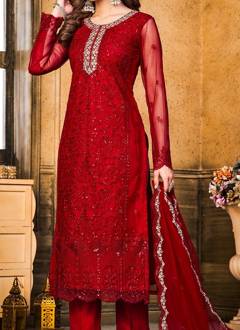 Shop Red Net Embroidered Straight Pant Suit Party Wear Online at Best ...