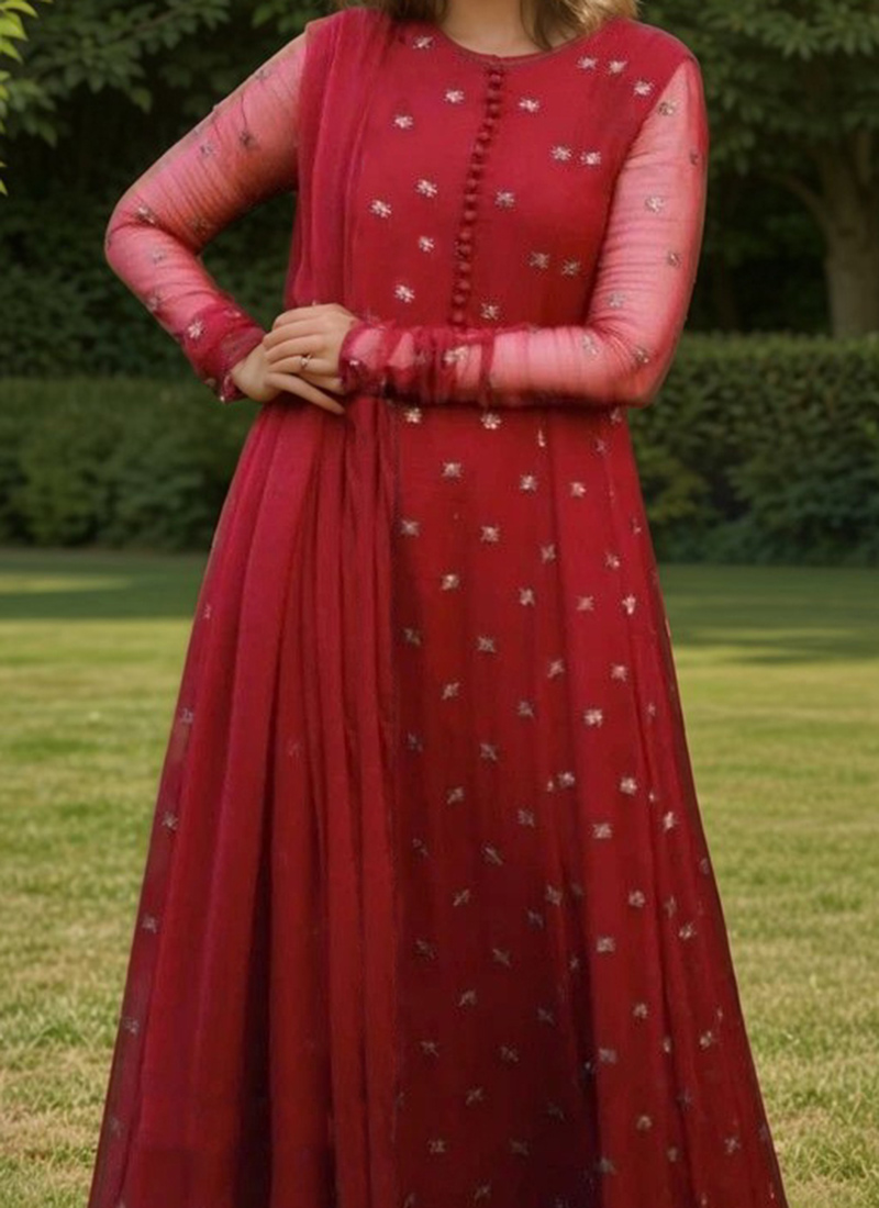 Shop Red Net Sequins Work Anarkali Suit Festive Wear in India - Cbazaar