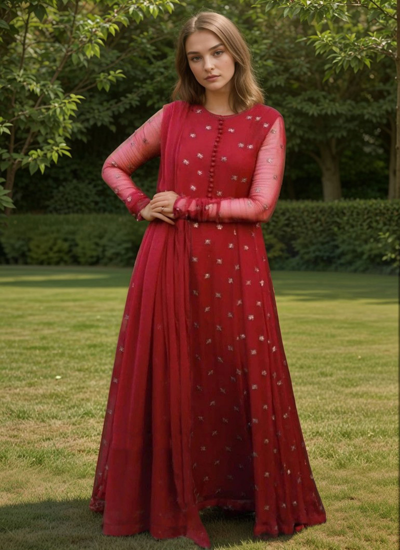 Shop Red Net Sequins Work Anarkali Suit Festive Wear in India - Cbazaar