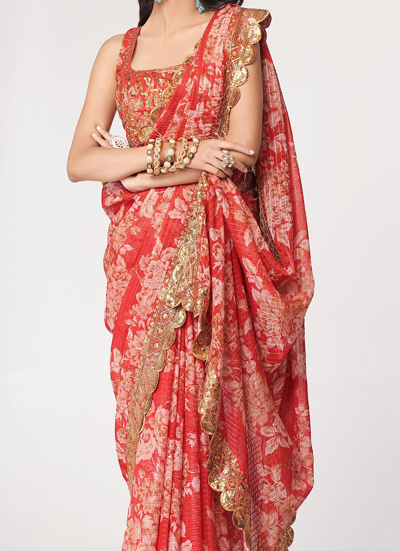 Shop Red Organza Printed N Sequins Work Saree Party Wear Online at Best ...