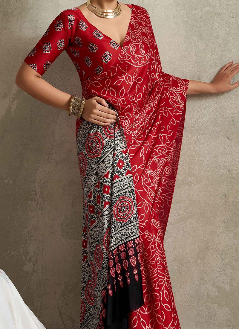 Shop Red Satin Silk Bandhini Print Saree After Six Wear in UK - Cbazaar
