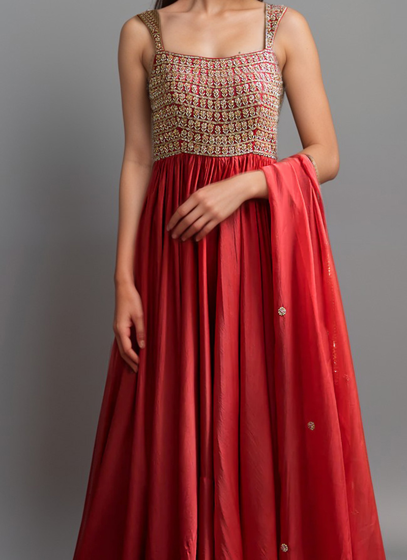 Shop Red Satin Silk Cutdana Work Anarkali Suit Festive Wear in India ...