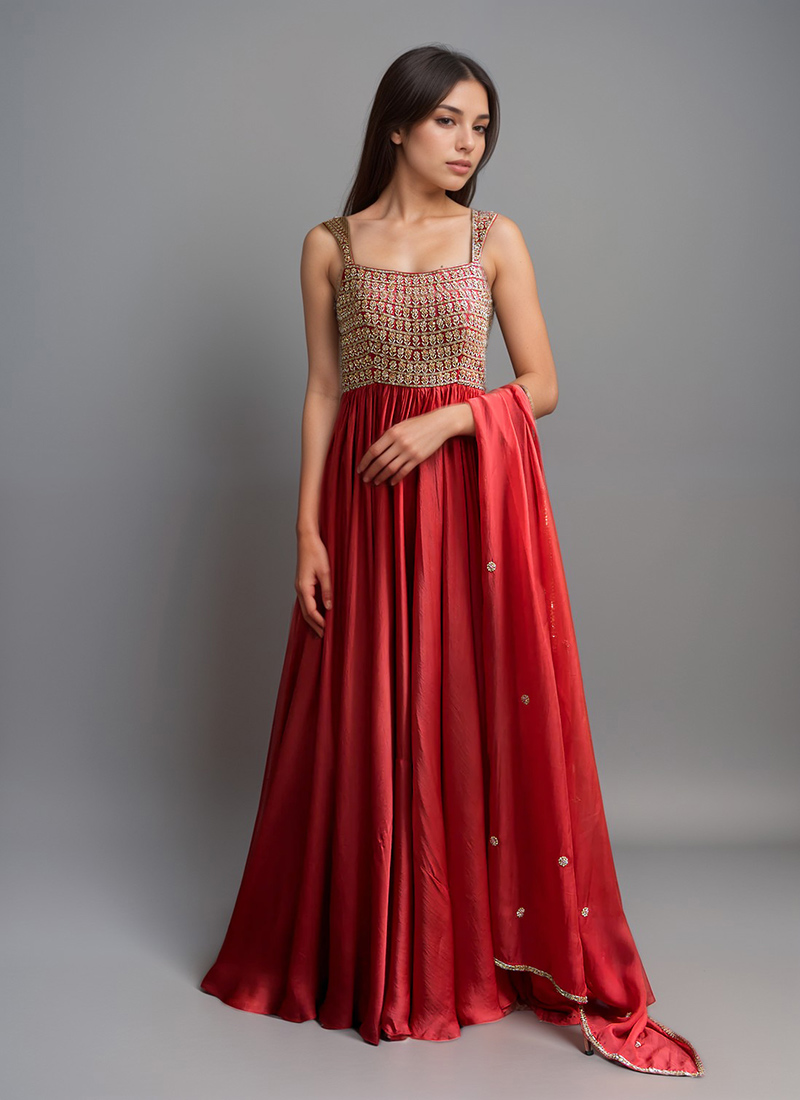 Shop Red Satin Silk Cutdana Work Anarkali Suit Festive Wear in India ...