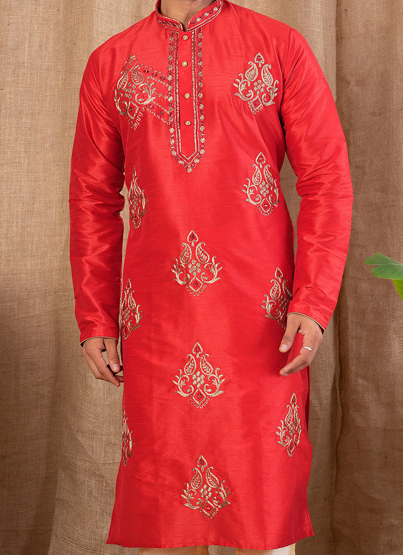 Shop Red Silk Embroidered Kurta Pyjama Festive Wear in India - Cbazaar