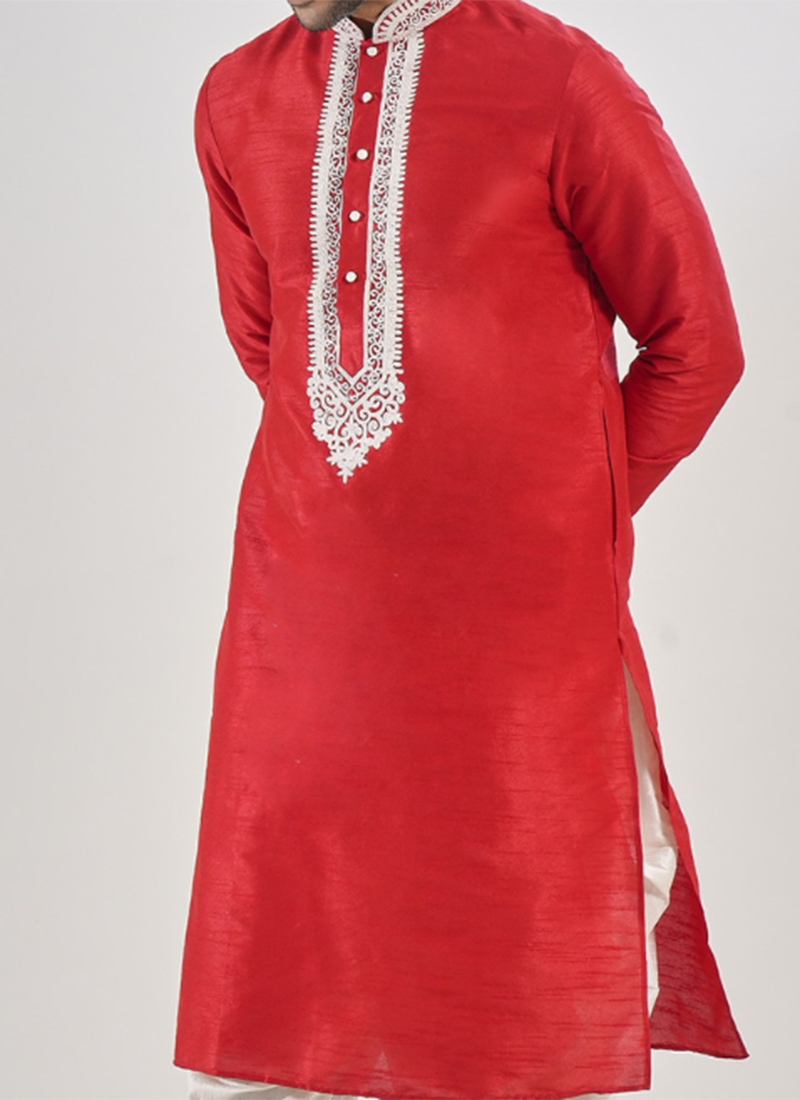 Shop Red Silk Embroidered Kurta With Dhoti Style Pyjama Festive Wear in ...