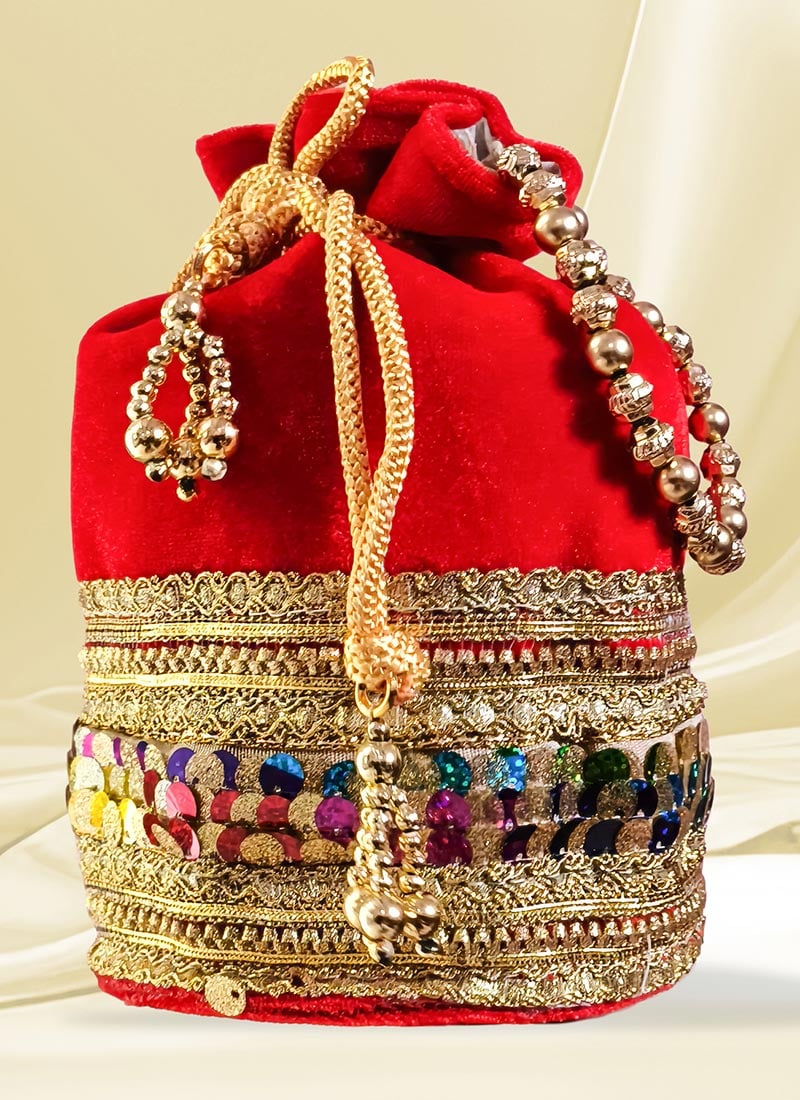 Shop Red Silk Embroidered Thread Potli Festive Wear Online at Best ...