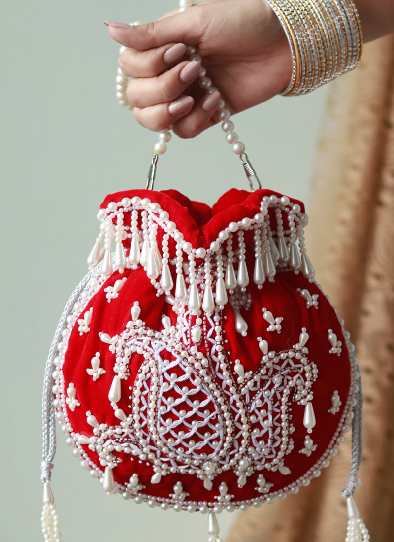 Shop Red Velvet Cut Dana Potli Embossed With Beads And Moti Party Wear ...