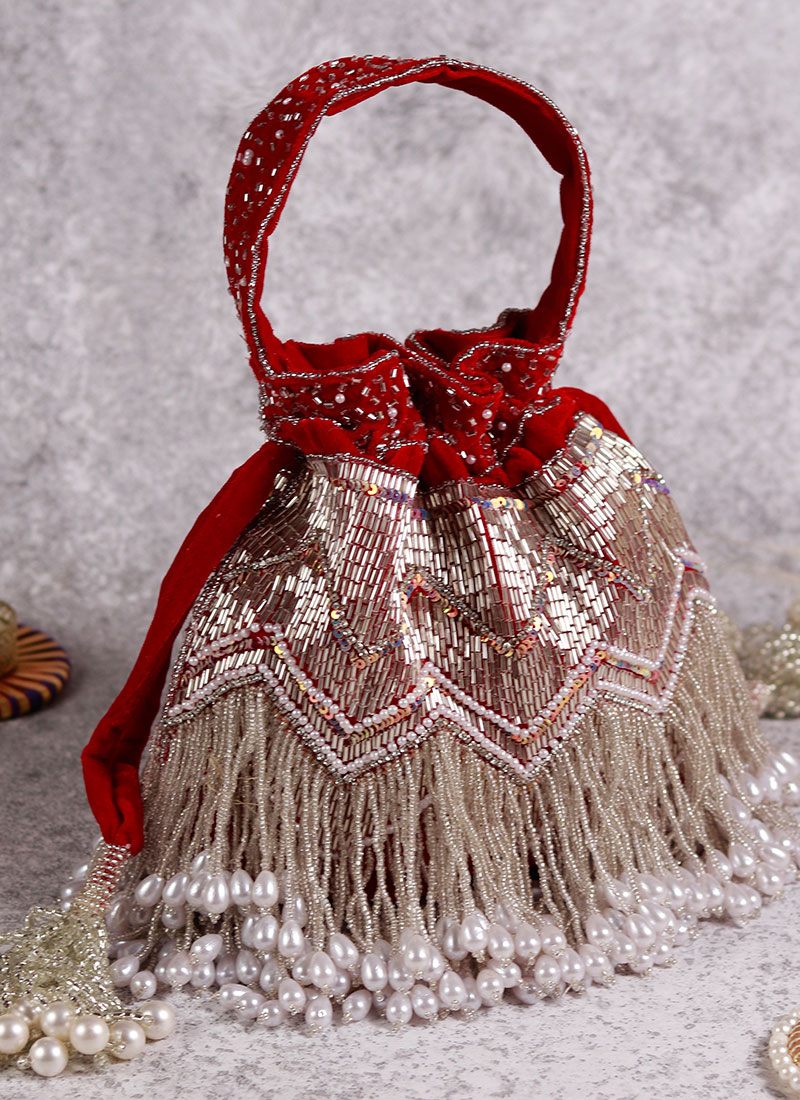 Shop Red Velvet Cut Dana Potli Embossed With Beads And Stones Party ...