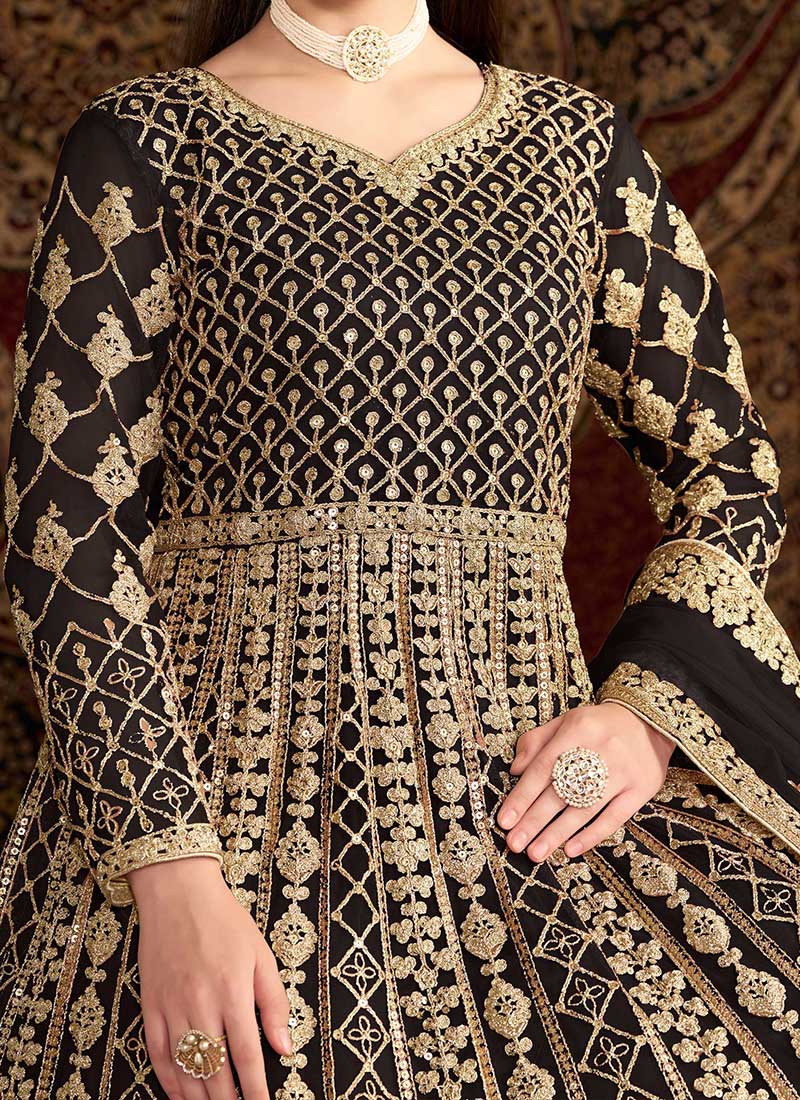 Buy Regal Black Net A Line Anarkali With Dazzling Gota Embroidery ...