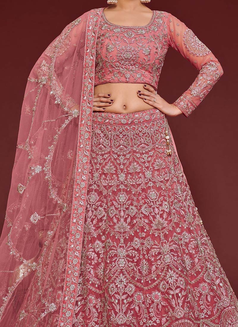 Buy Rose Gold Net Embroidered Work Umbrella Lehenga Choli Party Wear ...