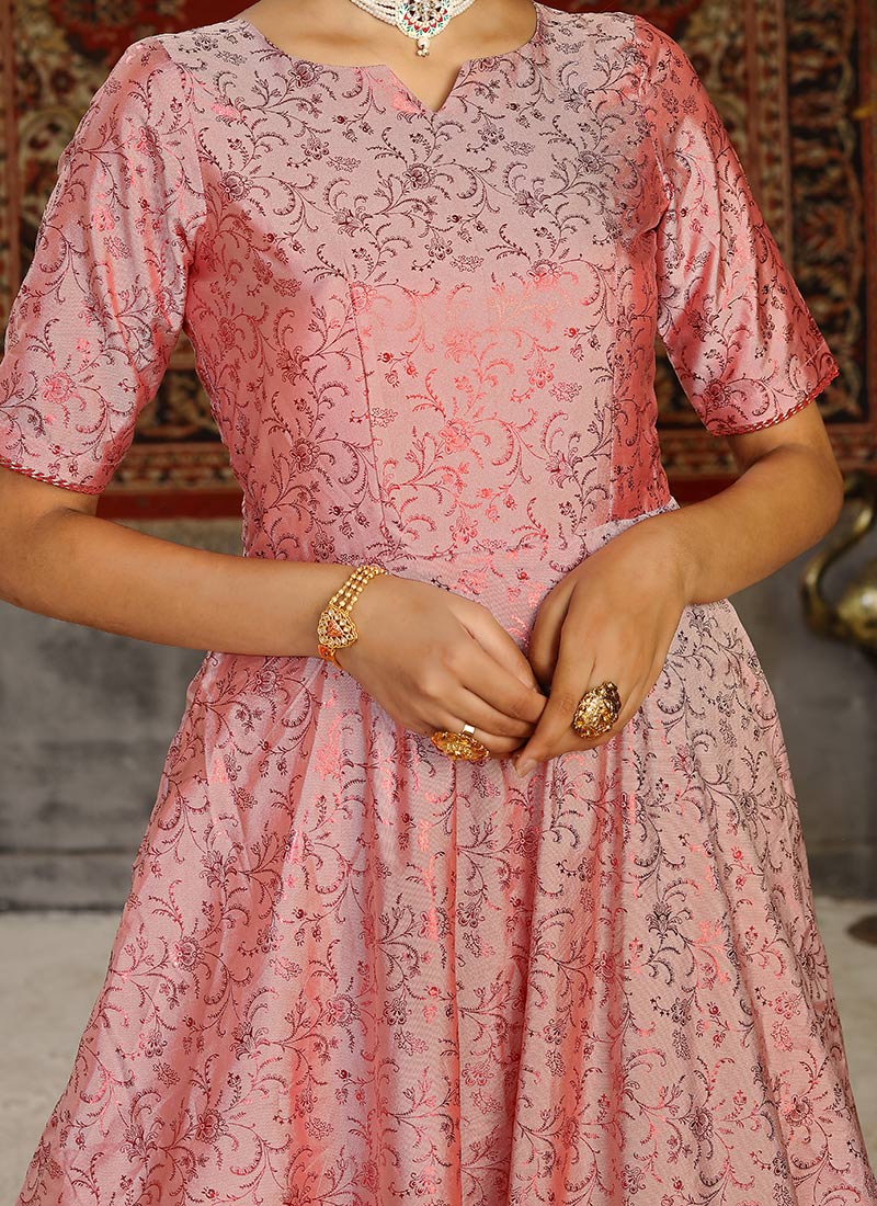 Shop Rose Pink Taffeta Metalic Foil Work Anarkali Gown Party Wear ...