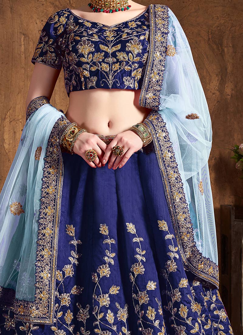 Buy Royal Blue Benarasi Silk Embroidered and Sequins Work Umberalla ...