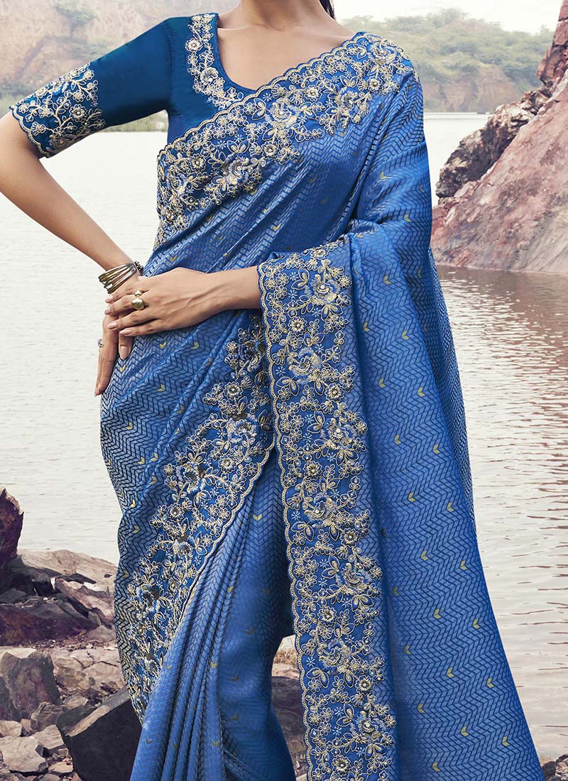 Shop Royal Blue Satin Silk Sequins Embroidered Stones Jacquard Thread ...