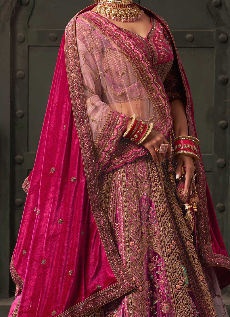 Shop Royal Rani Pink Velvet Zari Embroidered Sequins Stone Work Lehenga ...