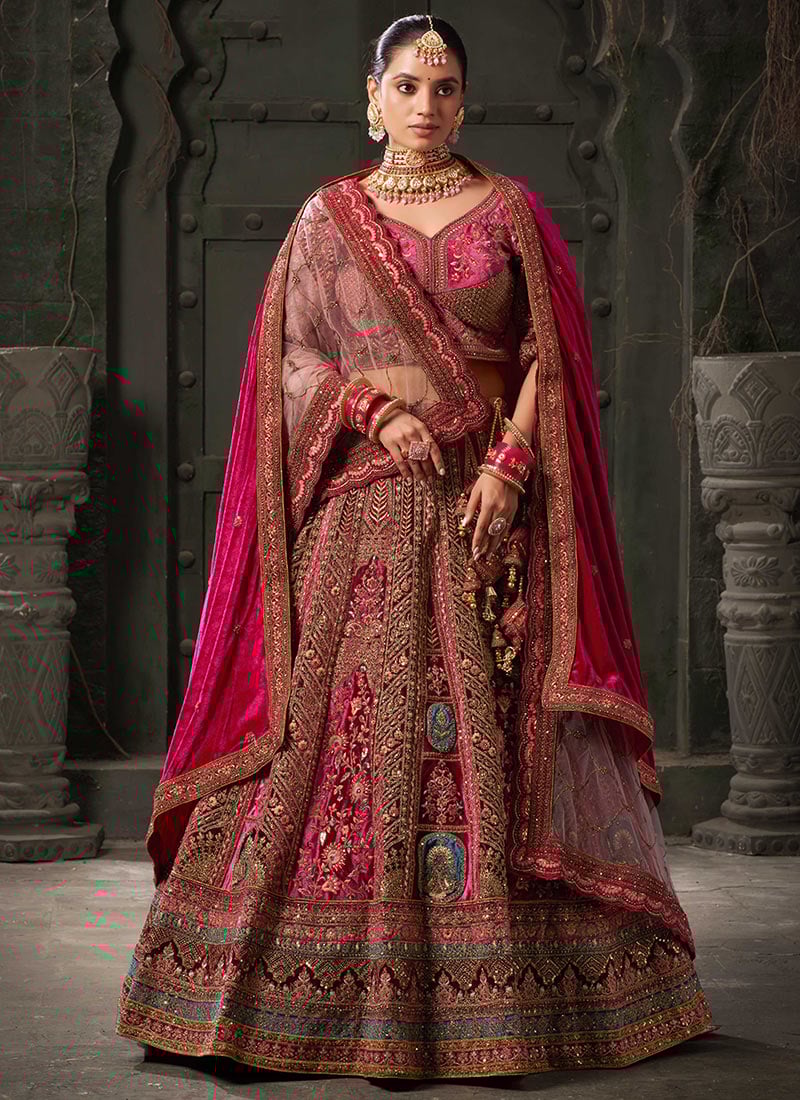 Shop Royal Rani Pink Velvet Zari Embroidered Sequins Stone Work Lehenga ...