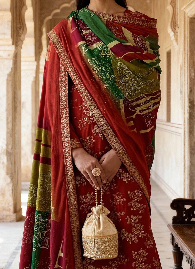 Buy Rust Dola Silk Jacquard Embroidered Sequins Straight Pant Suit ...