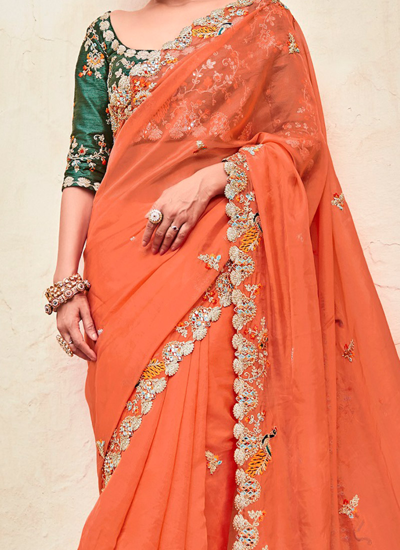 Shop Rust Orange Organza Embroidered N Mirror Work Saree Festive Wear ...