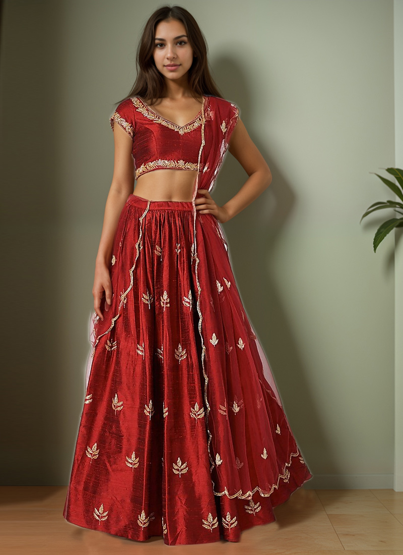 Shop Rust Red Raw Silk Zardosi Cut Dana Hand Work Lehenga Wedding Wear ...