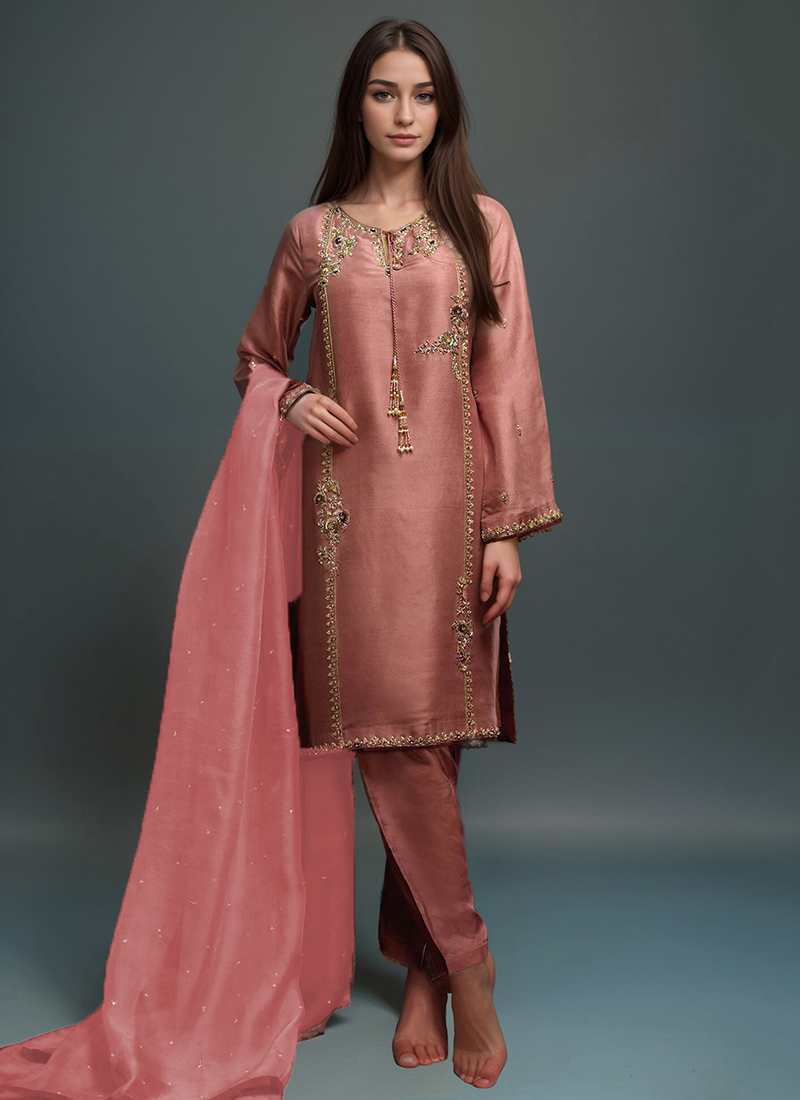 Shop Rust Silk Cut Hand Work Zari Straight Pant Suit Festive Wear in UK ...