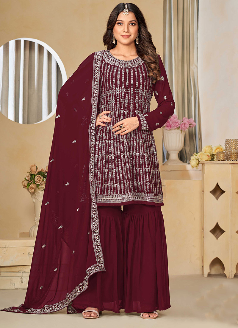 Buy Sequins Embroidered Maroon Sharara Suit Party Wear Online at Best ...