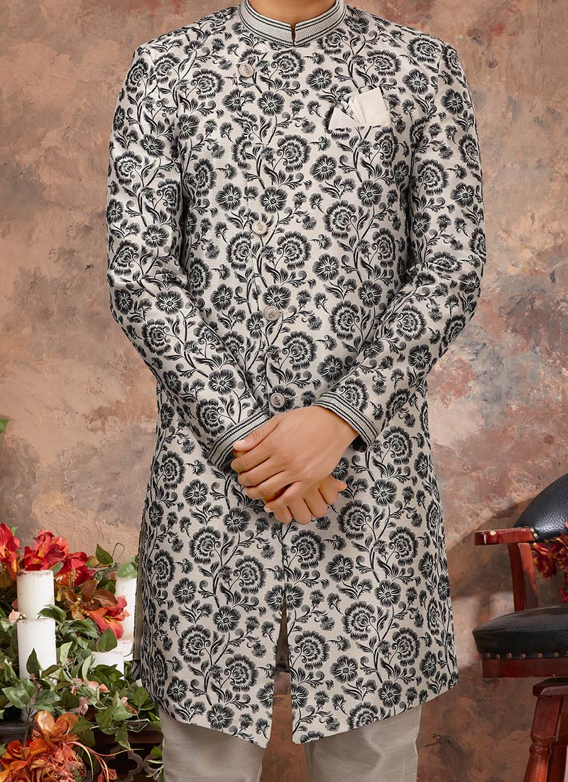 Shop Silver Grey Jacquard Silk Digital Printed Classic Sherwani Online ...