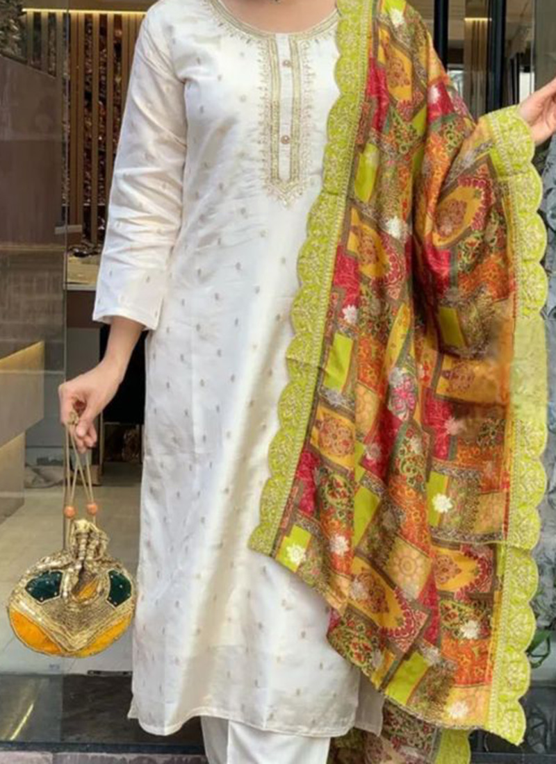 Buy Simple Casual White Jacquard Silk Embroidered Straight Pant Suit ...