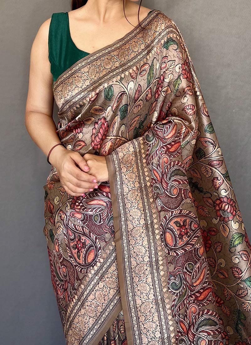 Shop Simple Classic Grey Silk Kalamkari Print Saree Festive Wear in UK - Cbazaar