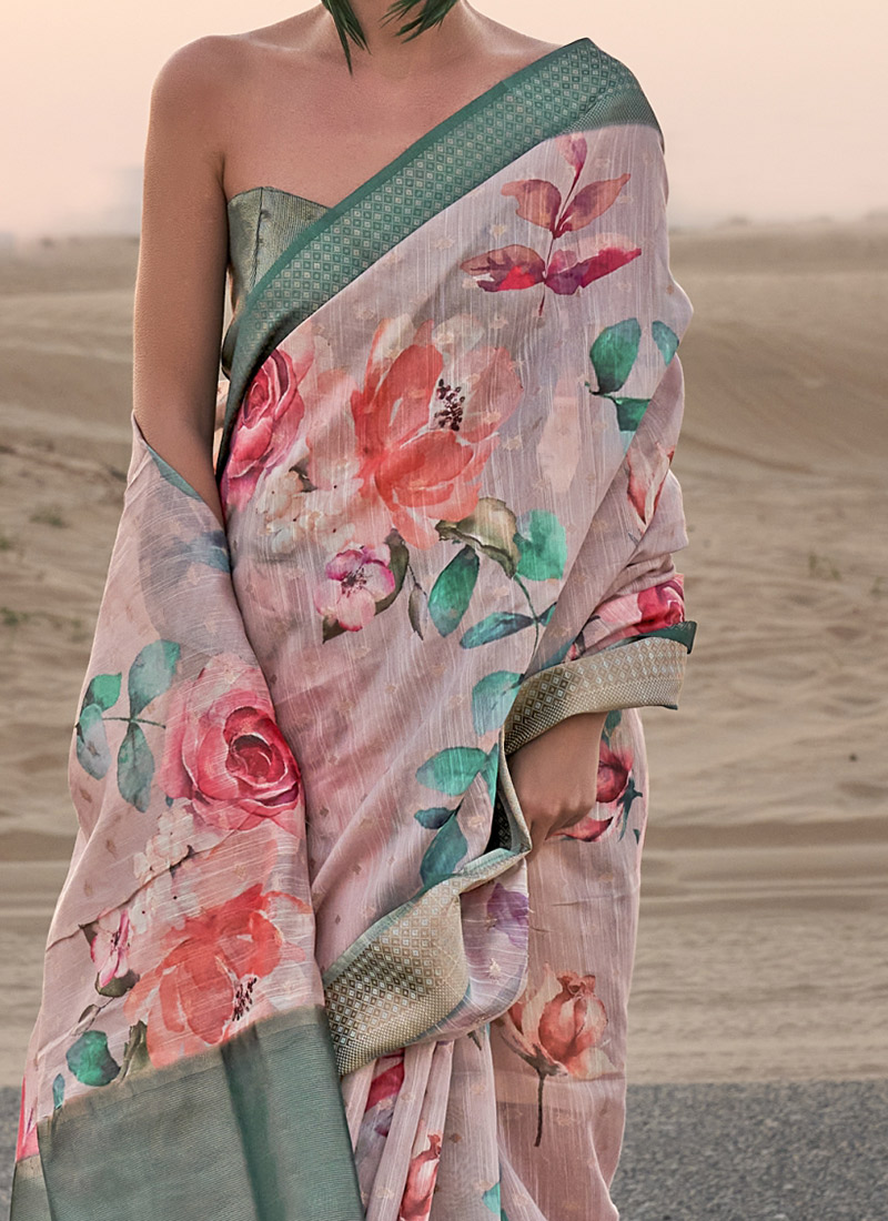 Shop Simple Pink Linen Printed Formal Saree After Six Wear Online at ...