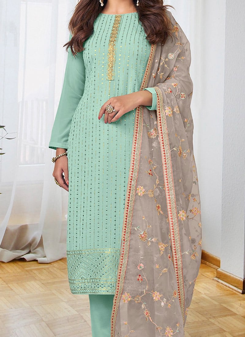 Buy Sky Blue Faux Georgette Embroidered Straight Pant Suit Party Wear ...