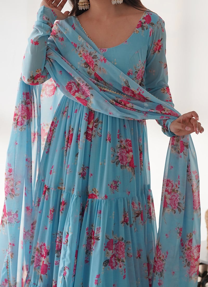 Buy Sky Blue Faux Georgette Floral Digital Print Anarkali Suit After ...