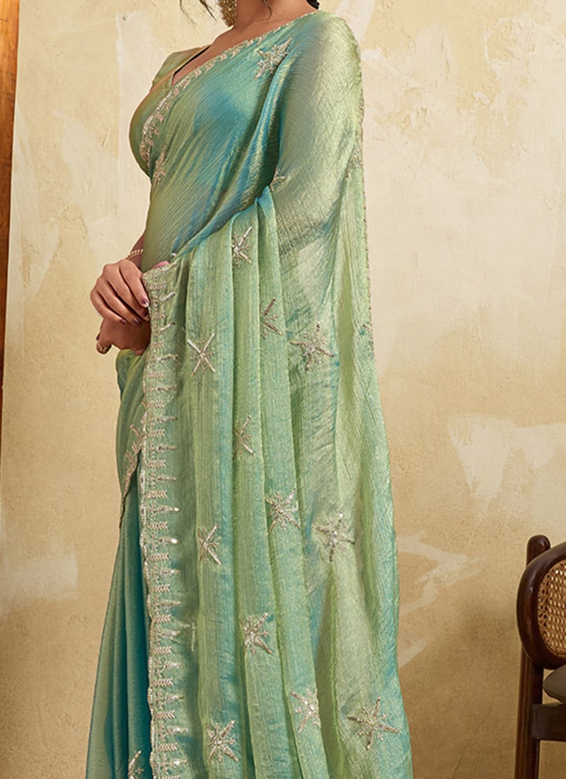 Shop Sky Blue Fendy Chiffon Embroidered Saree Festive Wear in India ...