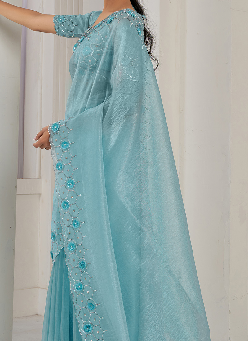 Buy Sky Blue Organza Sequins Zarkan Saree Festive Wear Online at Best Price | Cbazaar